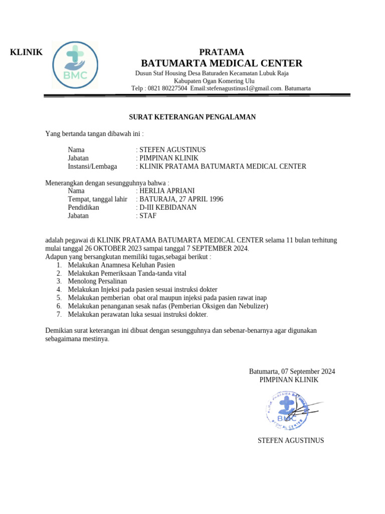 Surat Pengalaman Kerja BMC Fix | PDF