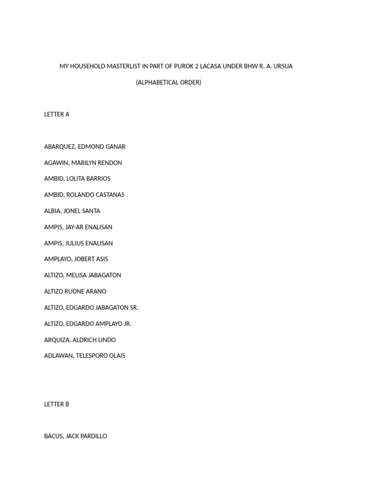 My Household Masterlist of Brgy. Lacasa | PDF