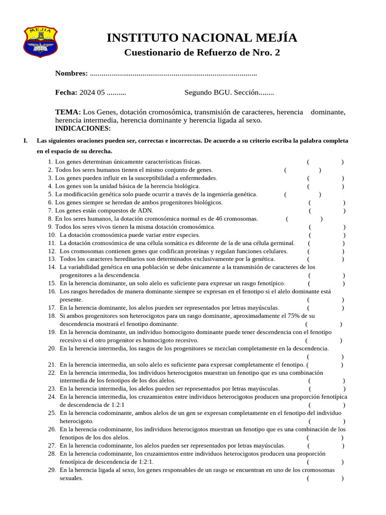 Cuestionario de Refuerzo Nro 2 Los Genes. | PDF
