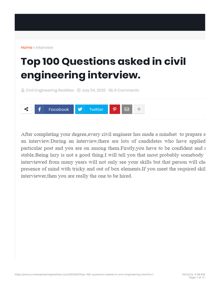 Top 100 Questions Asked in Civil Engineering Interview. | PDF