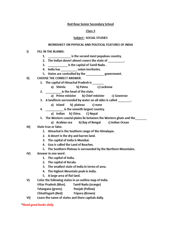 Class 3 Worksheet: India Features | PDF | Travel