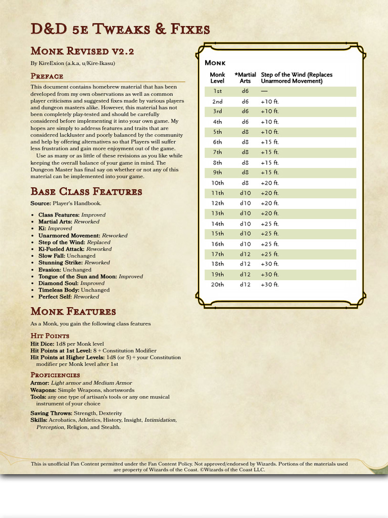 D&D 5e Tweaks & Fixes - Monk Revised v2.2 - GM Binder | PDF