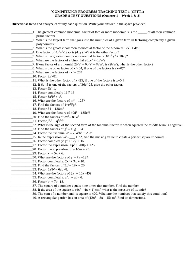 CPTT - Math8 - Q1 - Final v1.1 | PDF | Mathematics | Algebra