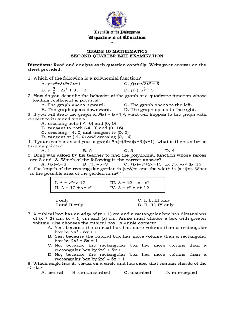 MATH 10 Q2-EXAM | PDF