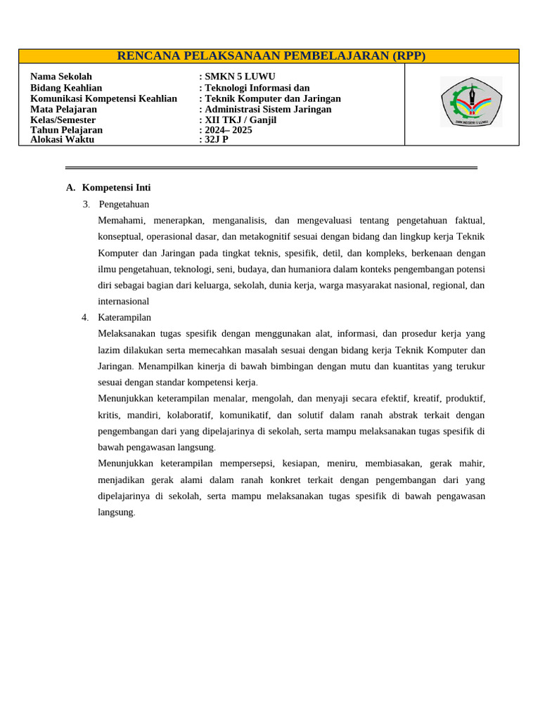 RPP Administrasi Sistem Jaringan Kelas XII TKJ | PDF | Karier & Perkembangan | Komputer
