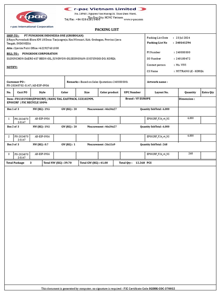 Packing List Transfer 240100472 | PDF