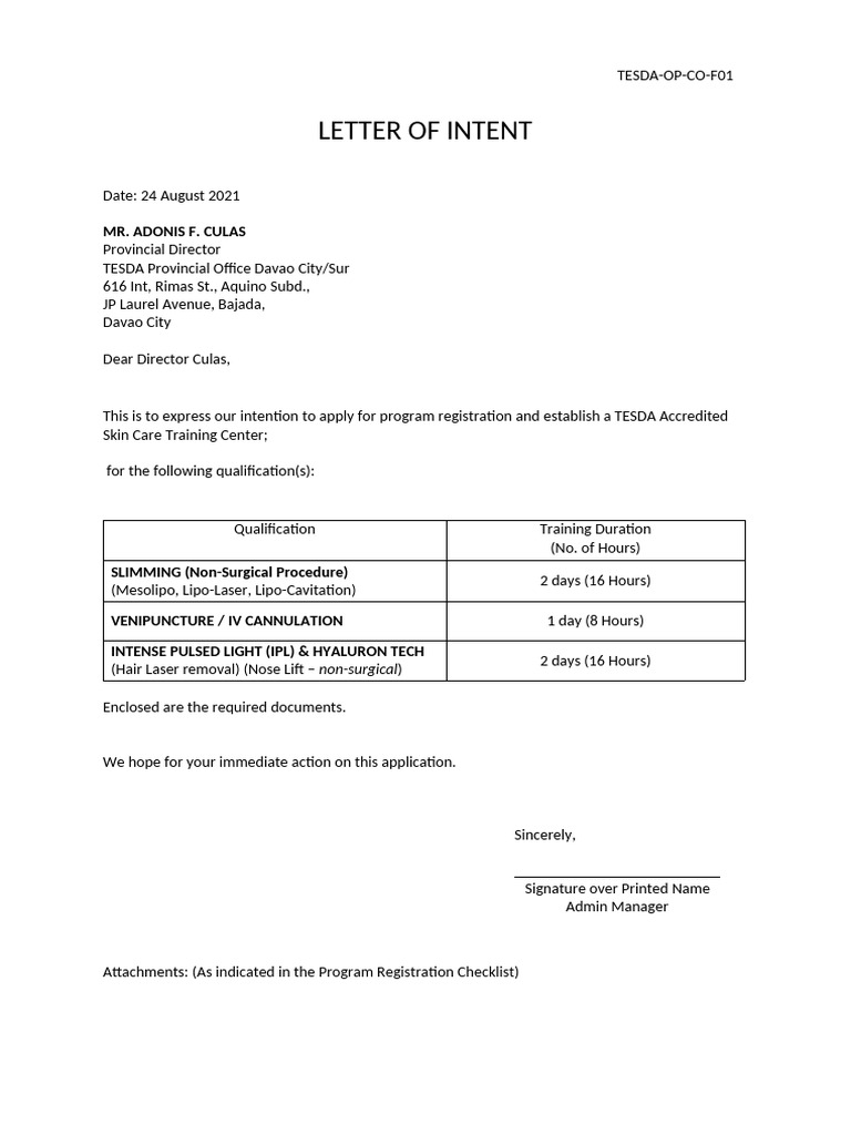 TESDA Letter of Intent | PDF