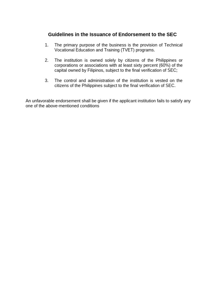 Guidelines in The Issuance of Endorsement To The SEC | PDF