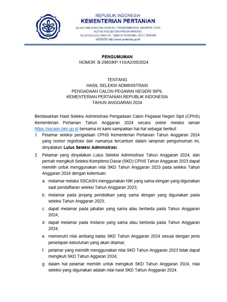 Lampiran Pengumuman Hasil Seleksi Administrasi Cpns Kementan 2024.PDF | PDF Lampiran Pengumuman Hasil Seleksi Administrasi Cpns Kementan 2024.PDF | PDF