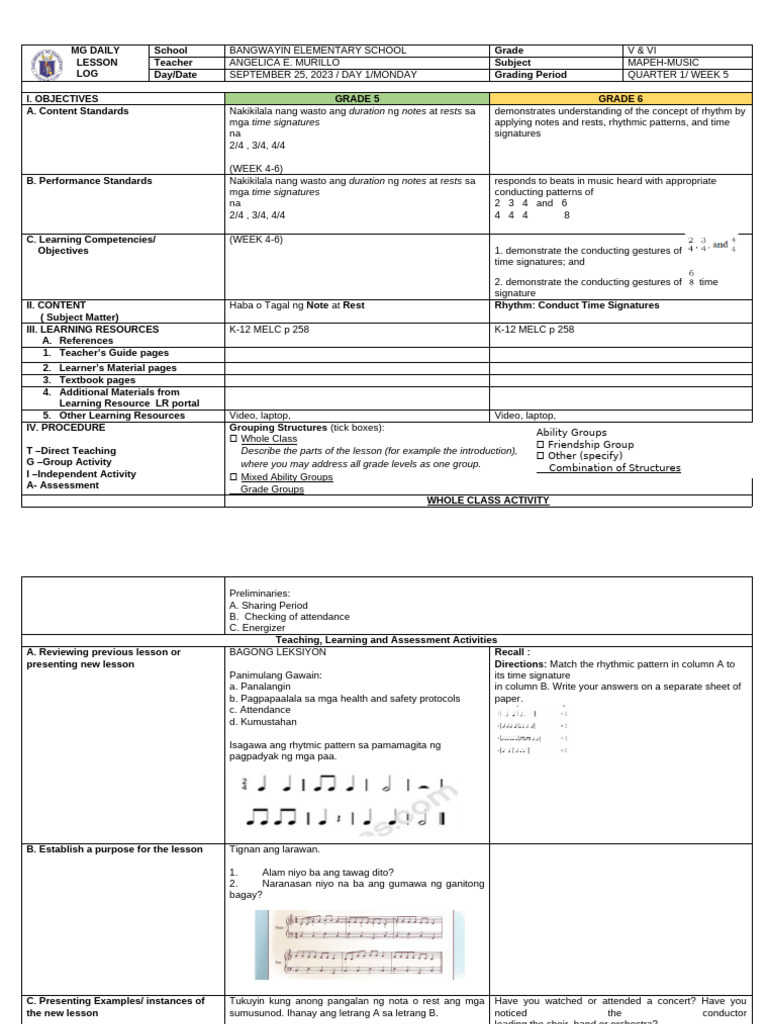 DLL Q1 W5 Day1 Mapeh Music | PDF | Conducting | Learning