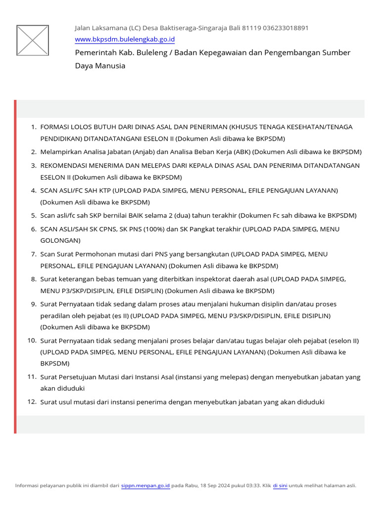 Unduh Standar Pelayanan - Rekomendasi Pindah Tugas PNS | PDF
