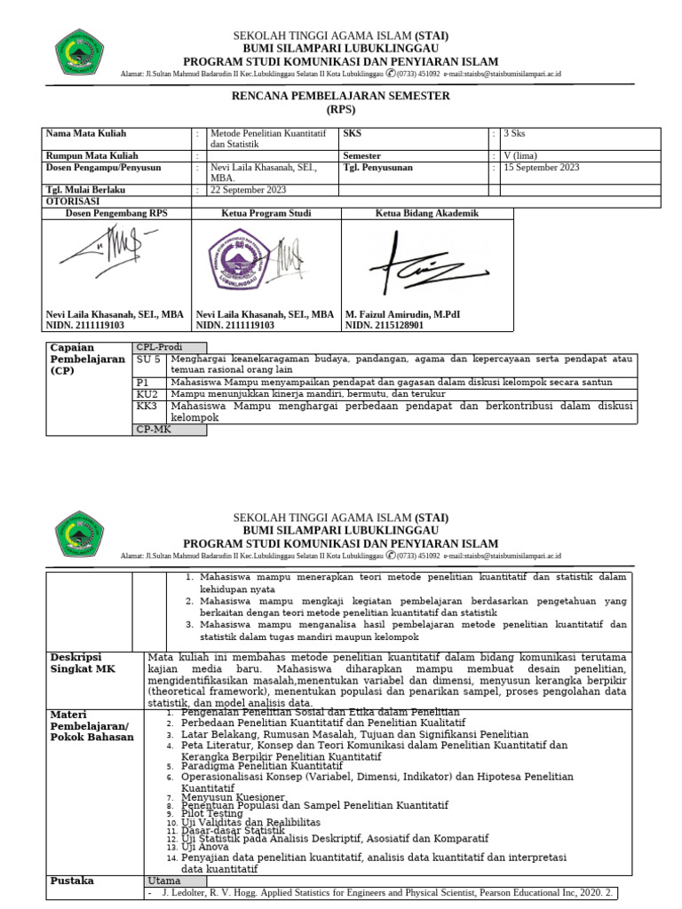 RPS MP Kuantitatif Dan Statistik | PDF