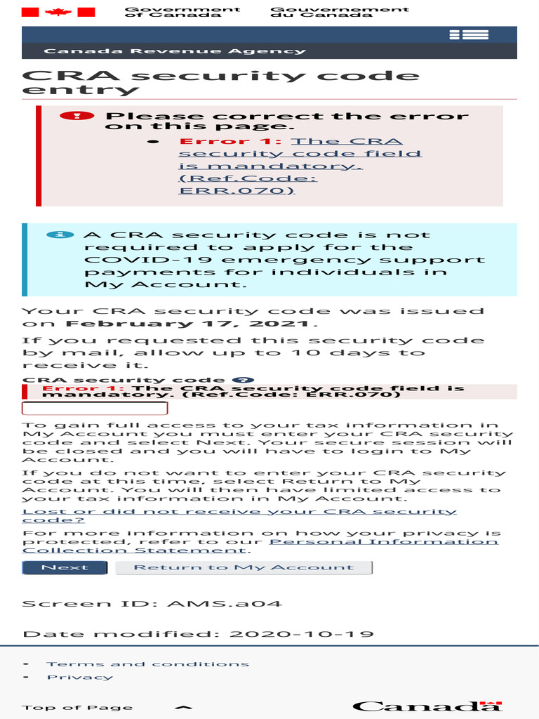 Canada Revenue Agency - CRA Security Code Entry | PDF
