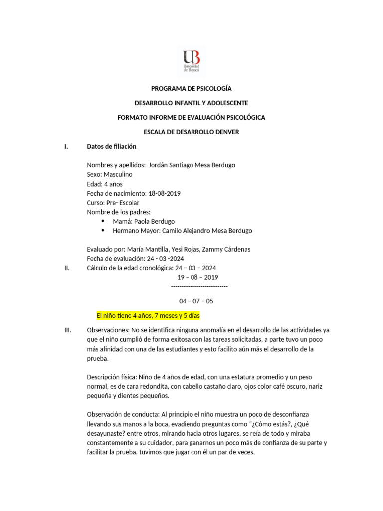 Prueba Escala de Denver | PDF