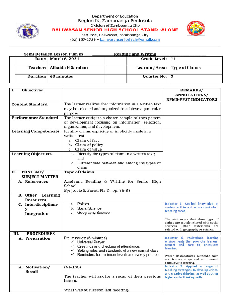 Lesson Plan - Reading and Writing Quarter 3 | PDF