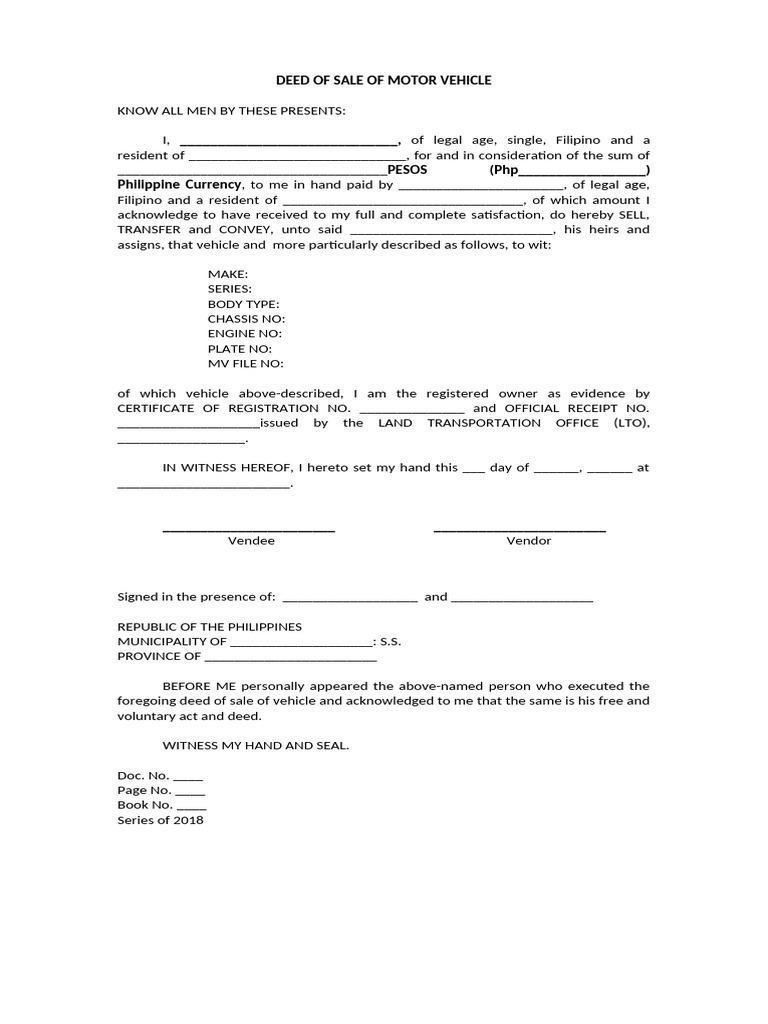 Sample Deed of Sale for Motor Vehicle | PDF