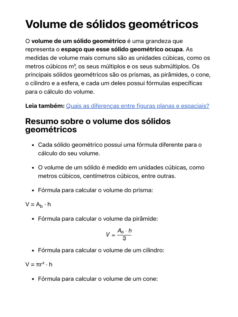Resumo Sobre o Volume Dos Sólidos Geométricos | PDF