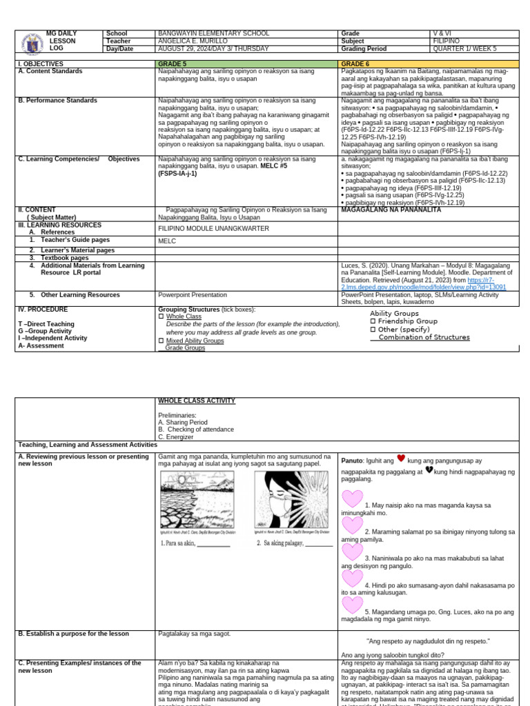 DLL-Q1-W5-DAY3-FILIPINO | PDF