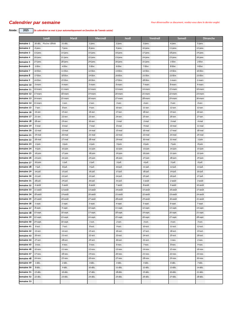 Calendrier Par Semaine Excel | PDF