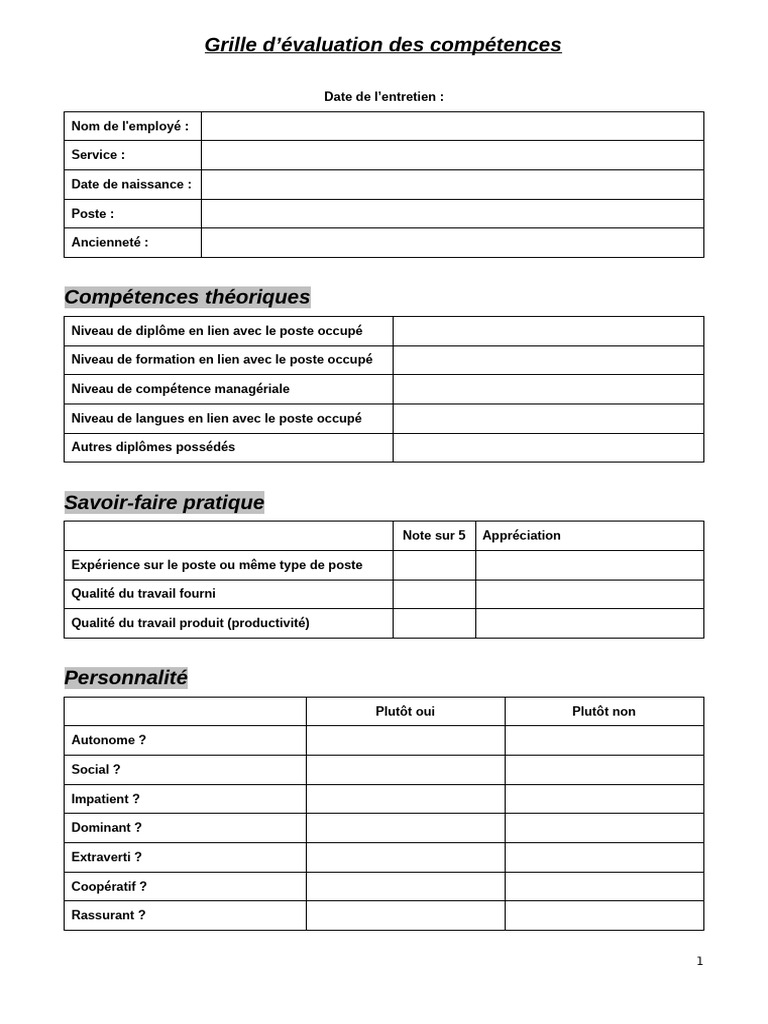 Grille Devaluation Des Competences Word | PDF