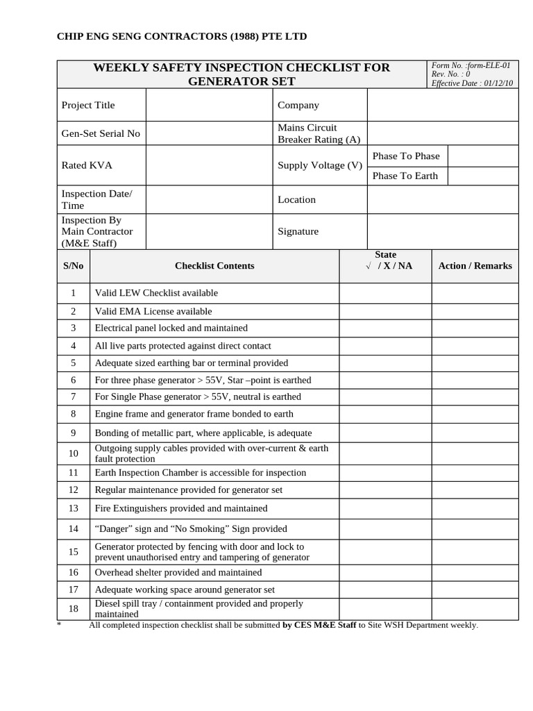 ELE01.Weekly Safety Insp Checklist Generator Set | PDF ELE01.Weekly Safety Insp Checklist Generator Set | PDF