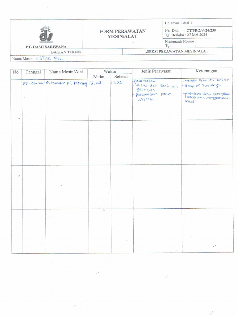10.4 Form Perawatan Mesin | PDF