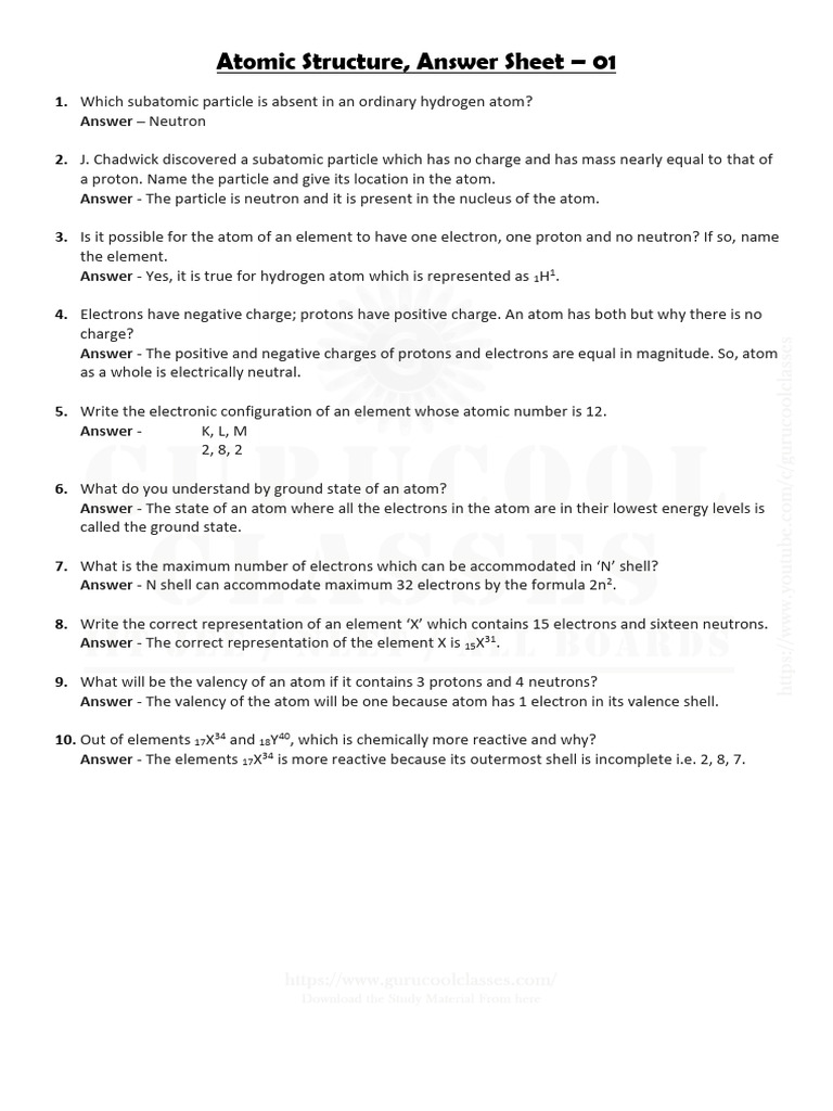 Structute of Atom - Answer Sheets - 01 | PDF