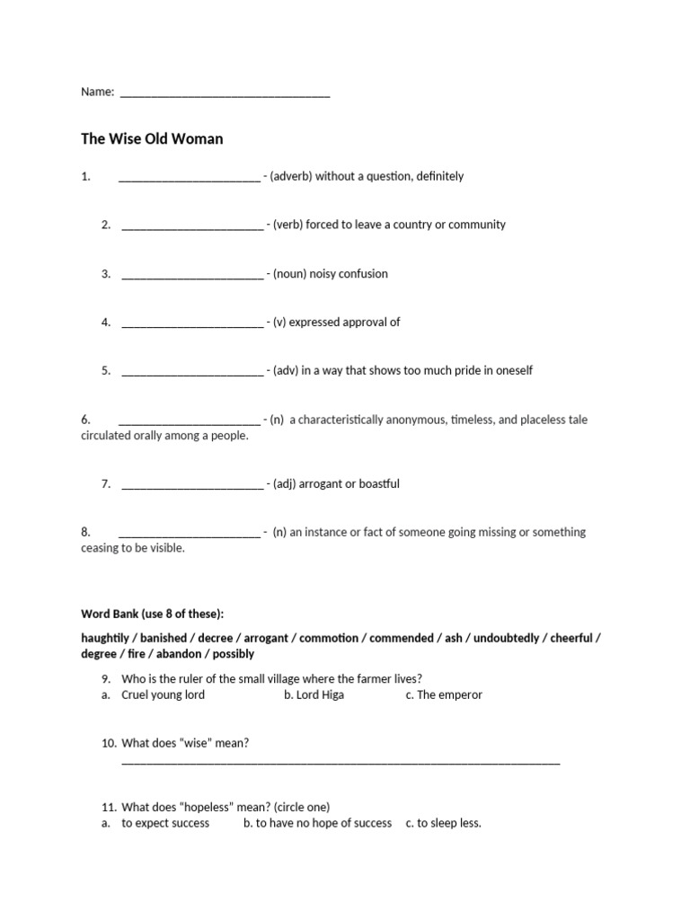 Wise Old Woman Quiz | PDF