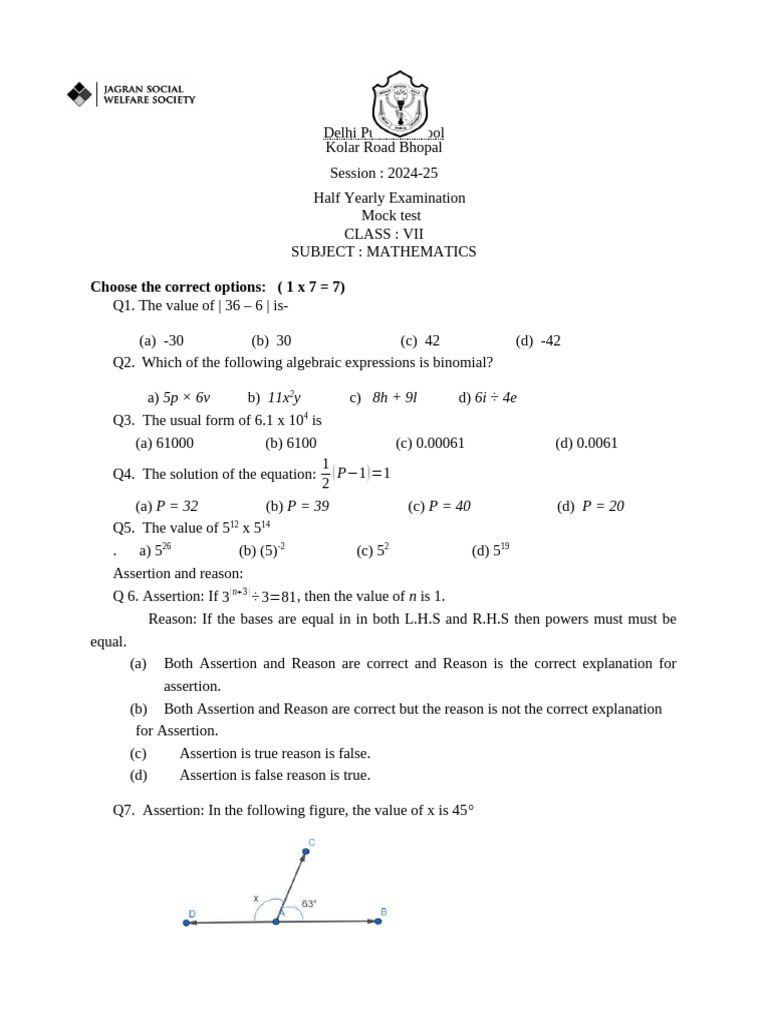 HYE Mock Test Class 7 Maths | PDF | Length | Abstract Algebra