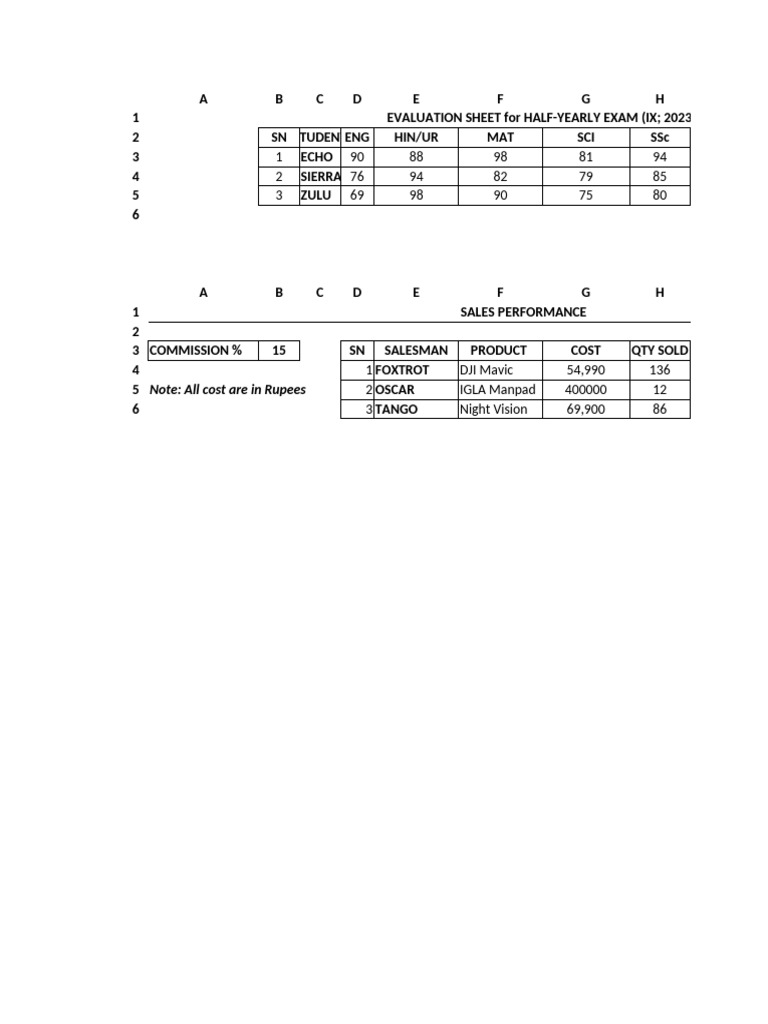 Class 9 Spreadsheet/Excel Projects | PDF