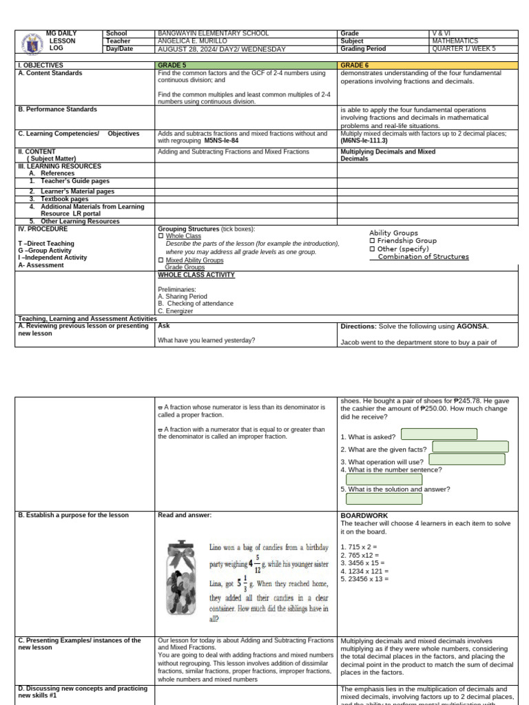 DLL Q1 W5 Day2 Mathematics | PDF | Learning | Cognition