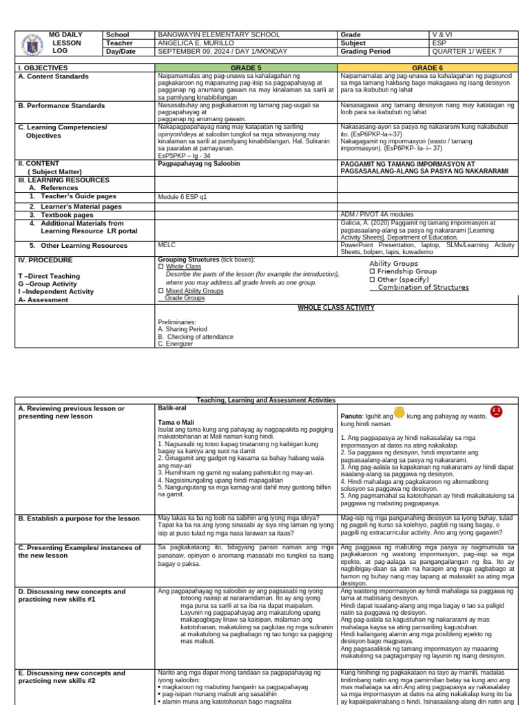 DLL Q1 W7 Day1 Esp | PDF | Teachers | Psychological Concepts