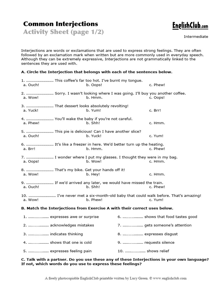 Common Interjections Activity | PDF