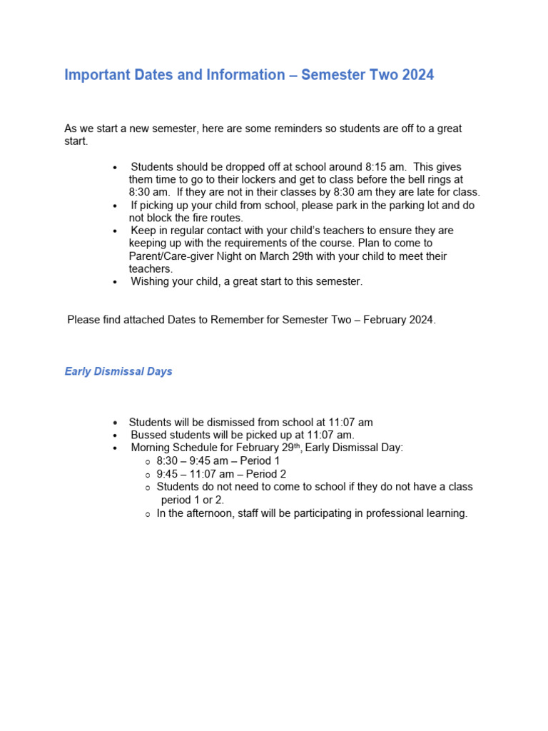 Important Dates and Information Semester 2 - Revised | PDF | Schools