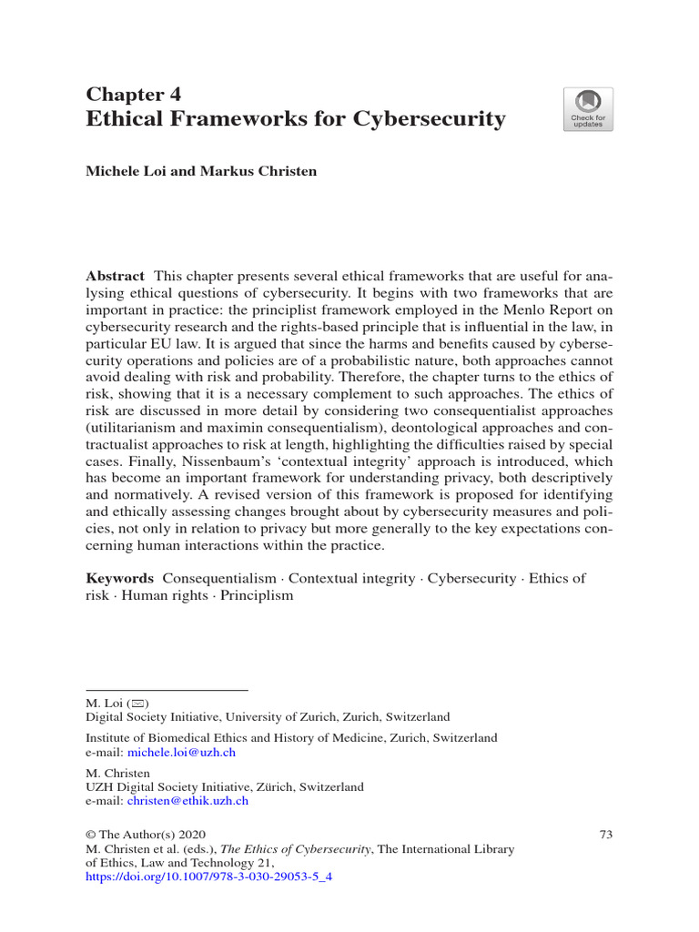 Ethical Frameworks For CybersecurityInternational Library of Ethics Law and Technology | PDF