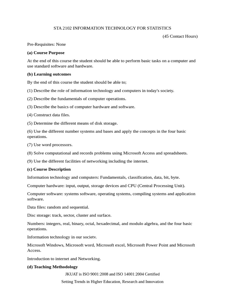 Course Outline STA 2102 INFORMATION TECHNOLOGY FOR STATISTICS | PDF