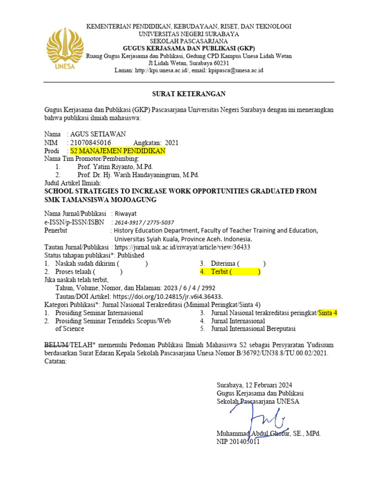 S2 - Form Surat Keterangan Publikasi Ilmiah GKP - Agus Setiawan - MP - 2021 | PDF