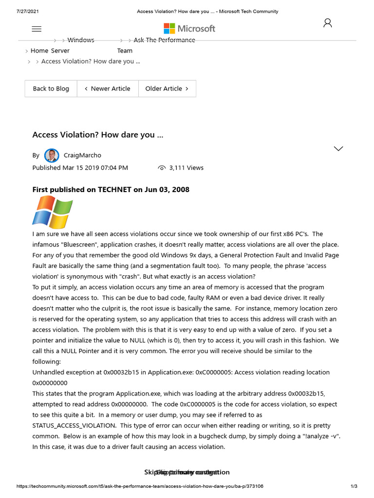 Access Violation_ How dare you ... - Microsoft Tech Community | PDF Access Violation_ How dare you ... - Microsoft Tech Community | PDF