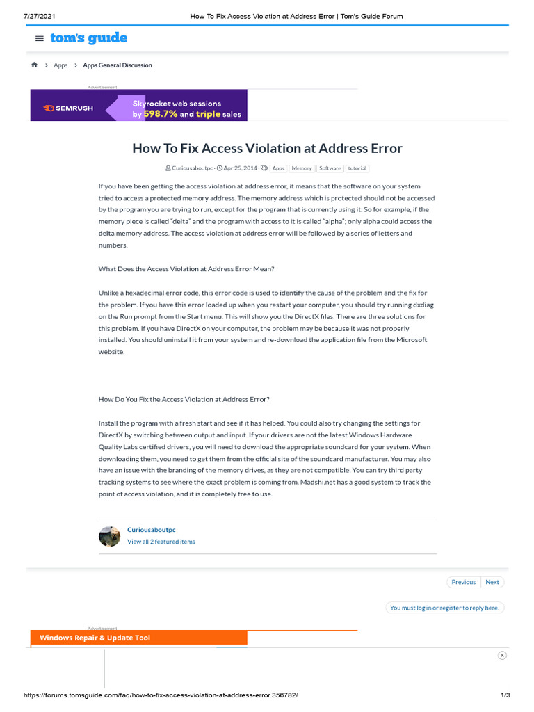 How To Fix Access Violation at Address Error - Tom's Guide Forum | PDF