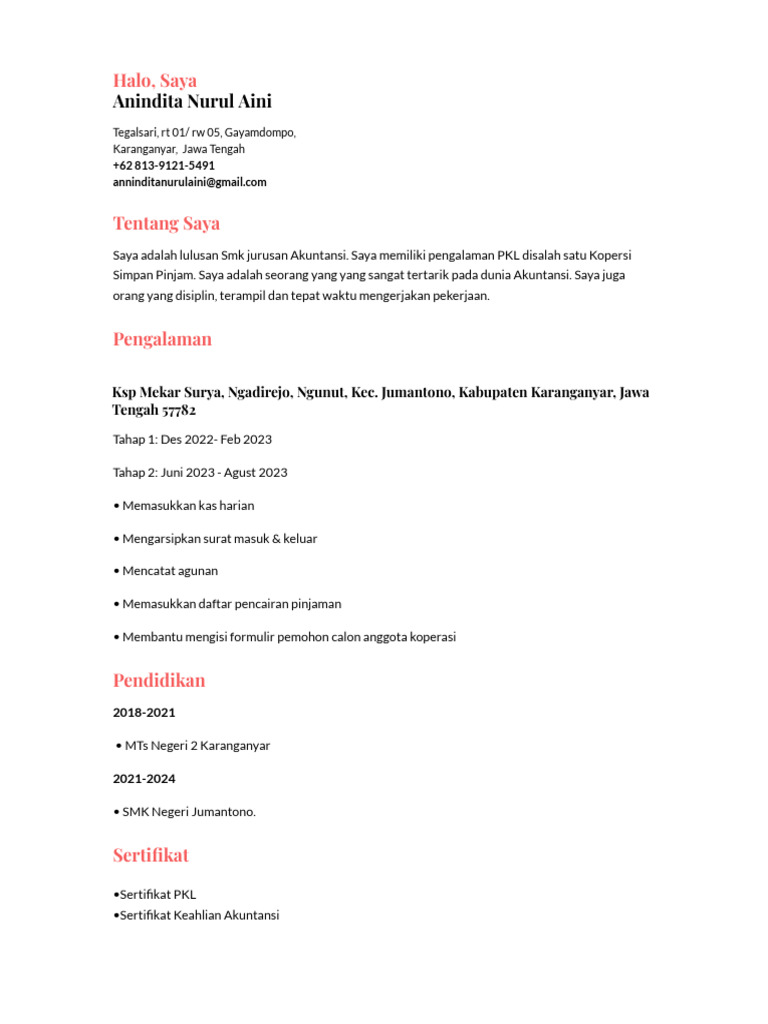 CV Anindita Nurul Aini | PDF