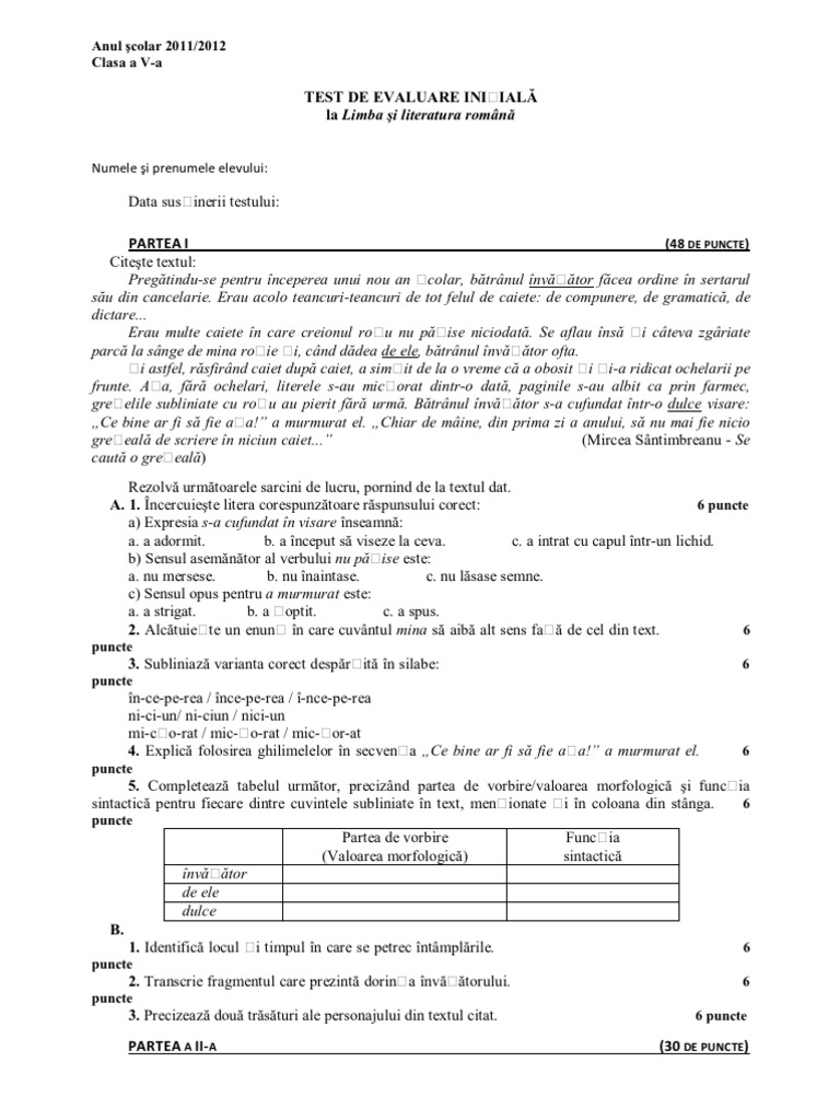 Test Initial 20112012 Romana Clasa a Va