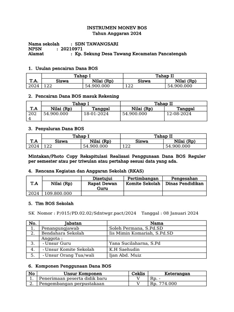 INSTRUMEN MONEV BOS Tawangsari 2024 | PDF