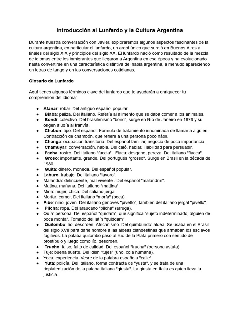 Introducción Al Lunfardo y La Cultura Argentina | PDF