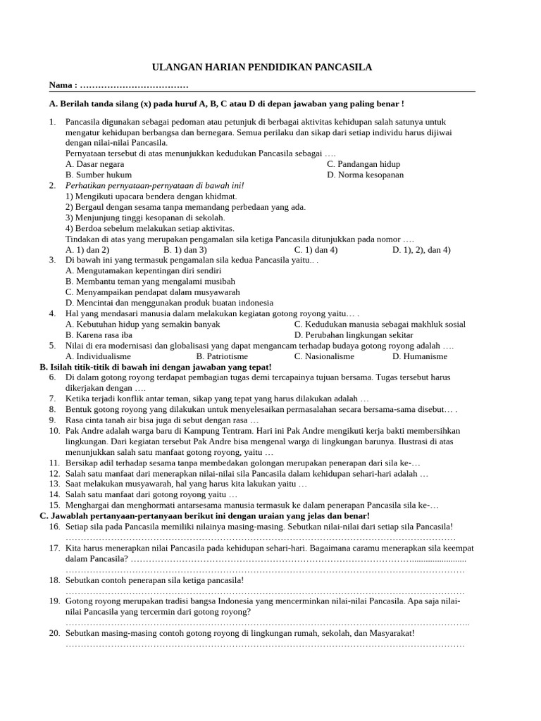 Ulangan Harian Pend - Pancasila | PDF