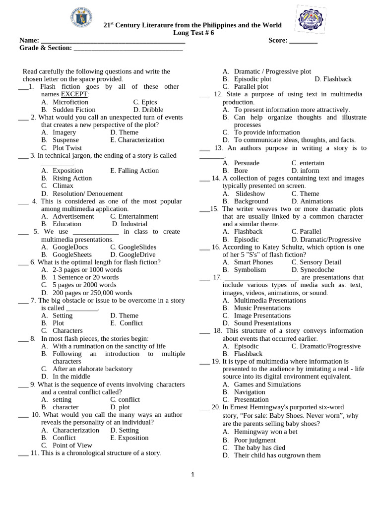 Long Test 6 Quarter 2 | PDF