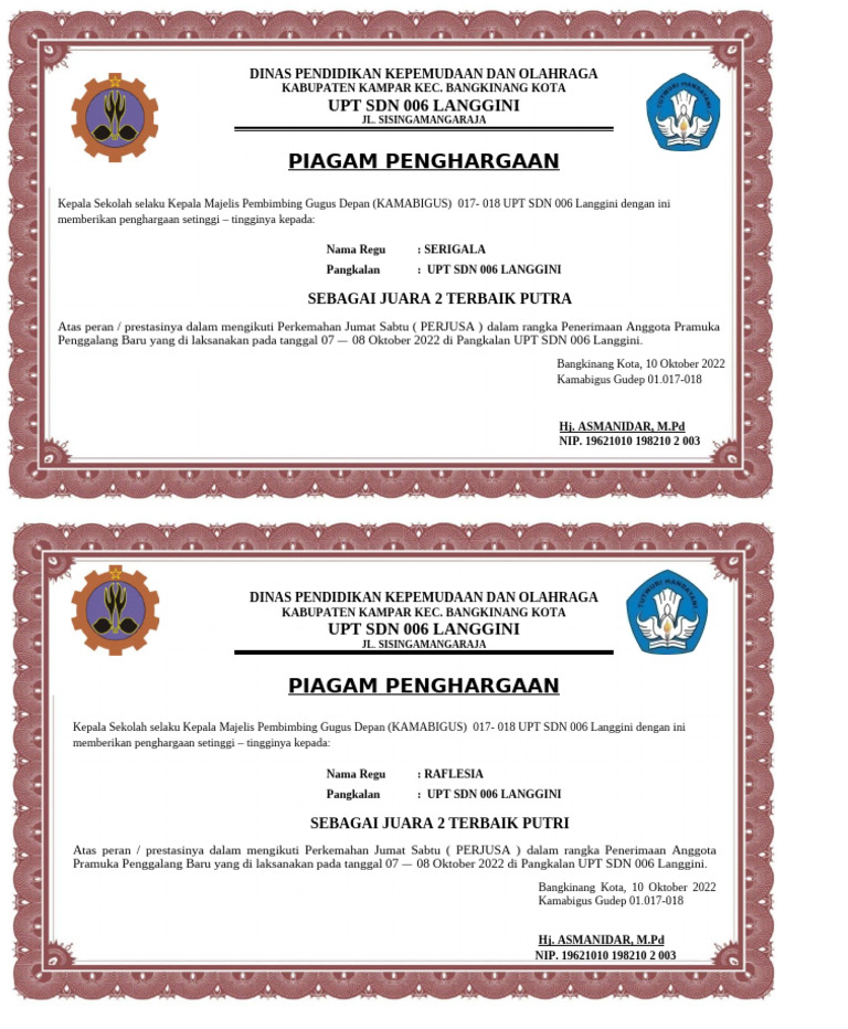 Piagam pramuka JUARA 2 | PDF