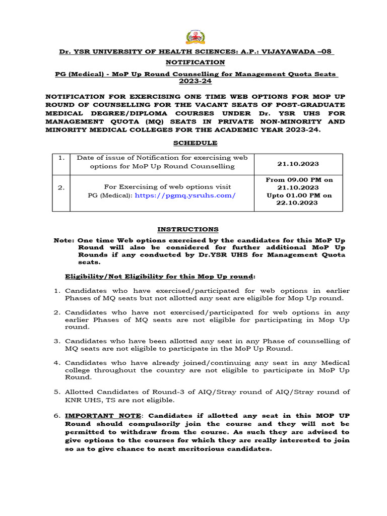 PG (Medical) 2023-24 - MQ Mop Up Web Options Notification | PDF