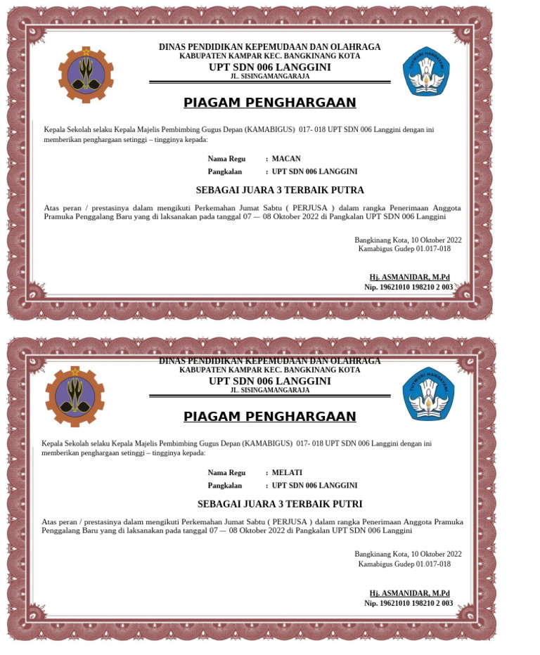 Piagam Pramuka JUARA 3 | PDF