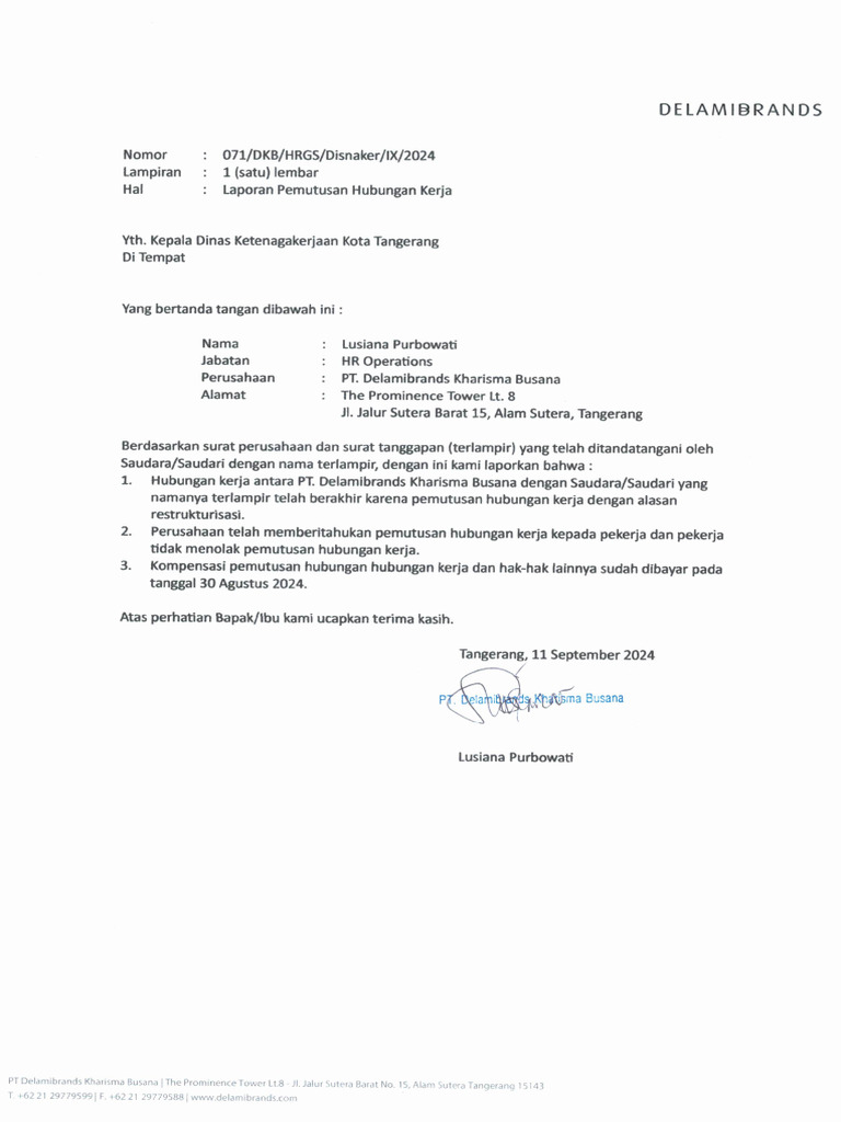 PT. DELAMIBRANDS (Contoh Surat Pengajuan PHK, DISNAKER) | PDF