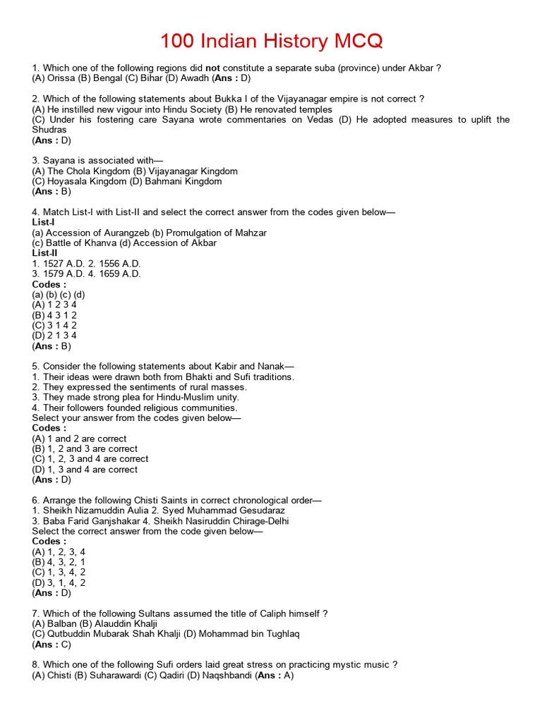Indian History MCQs for Exams | PDF | Indian Rebellion Of 1857